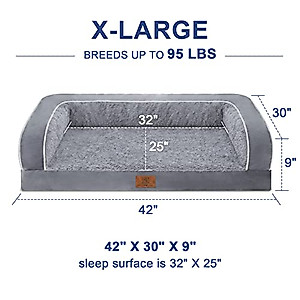 Yiruka Dog Beds for Extra Large Dogs, Grey Cooling Large Dog Bed, Washable Dog Bed with Removale Bolsters, Waterproof Orthopedic Thick Foam Dog Bed with Nonslip Bottom, Up to 95 lbs