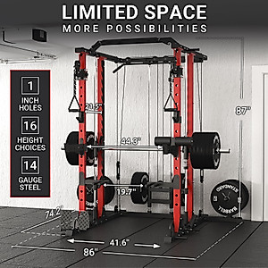 ER KANG Smith Machine, 2000LBS Strength Training Power Cage with Smith Bar and LAT Pull Down System, Multi-Function Linear Bearing Cable Crossover Machine for Home Gym, 2×3”, Red