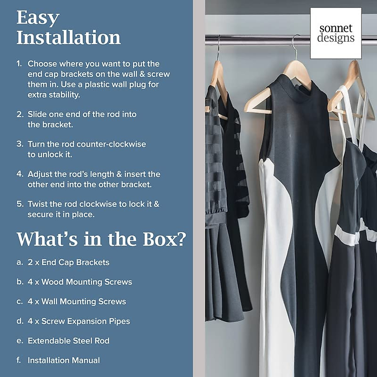 Sonnet Designs Adjustable Closet Rod - Closet Rods for Hanging Clothes, Wardrobe, Shower Pole, Kitchen, Windows, Rustproof Stainless Steel - 22.5 to 39.5” Closet Hanging Rod