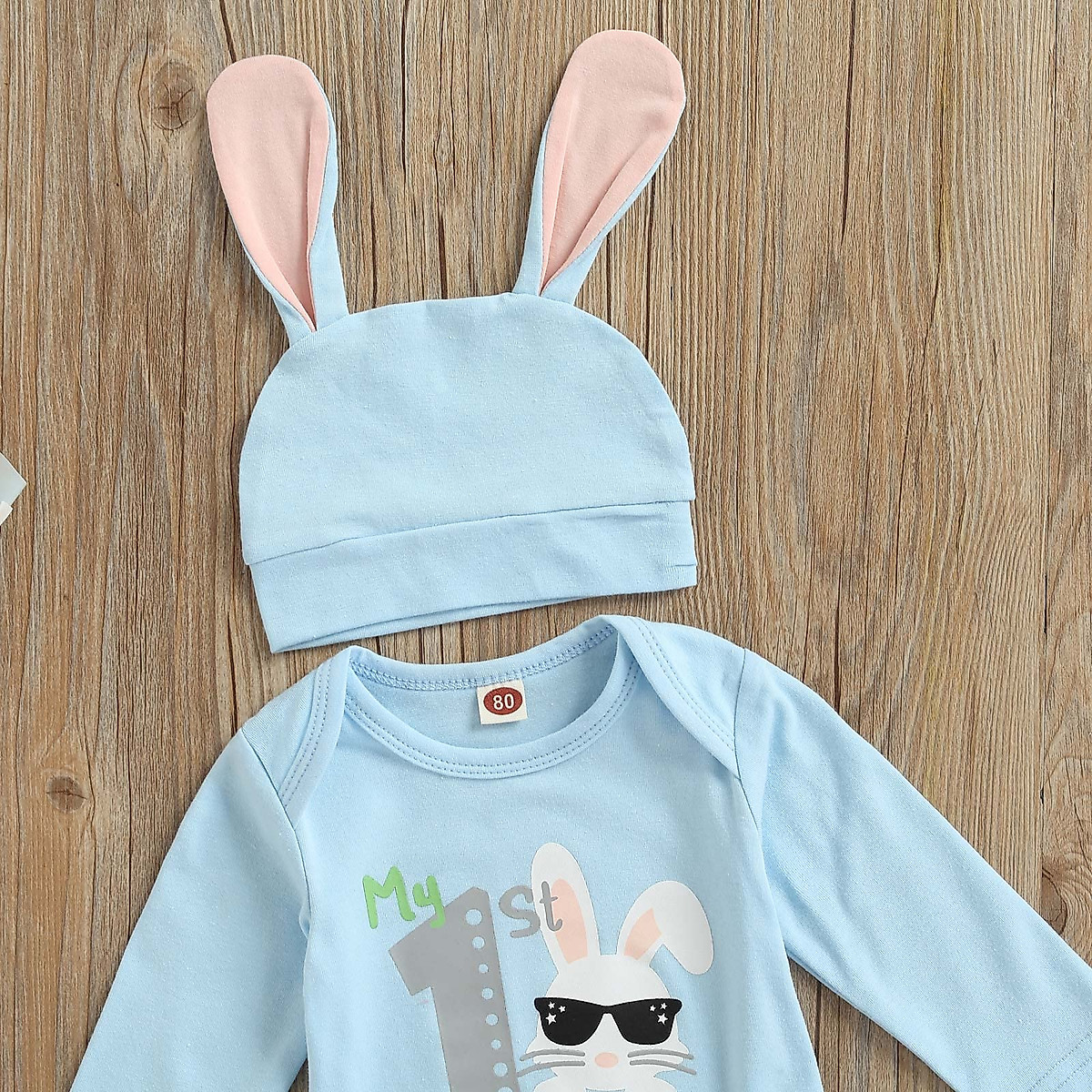 Newborn Baby Girls Boys Easter Outfits My 1st Easter Romper Bodysuit Stripe Bunny Pants Hat 3Pcs Clothes Set