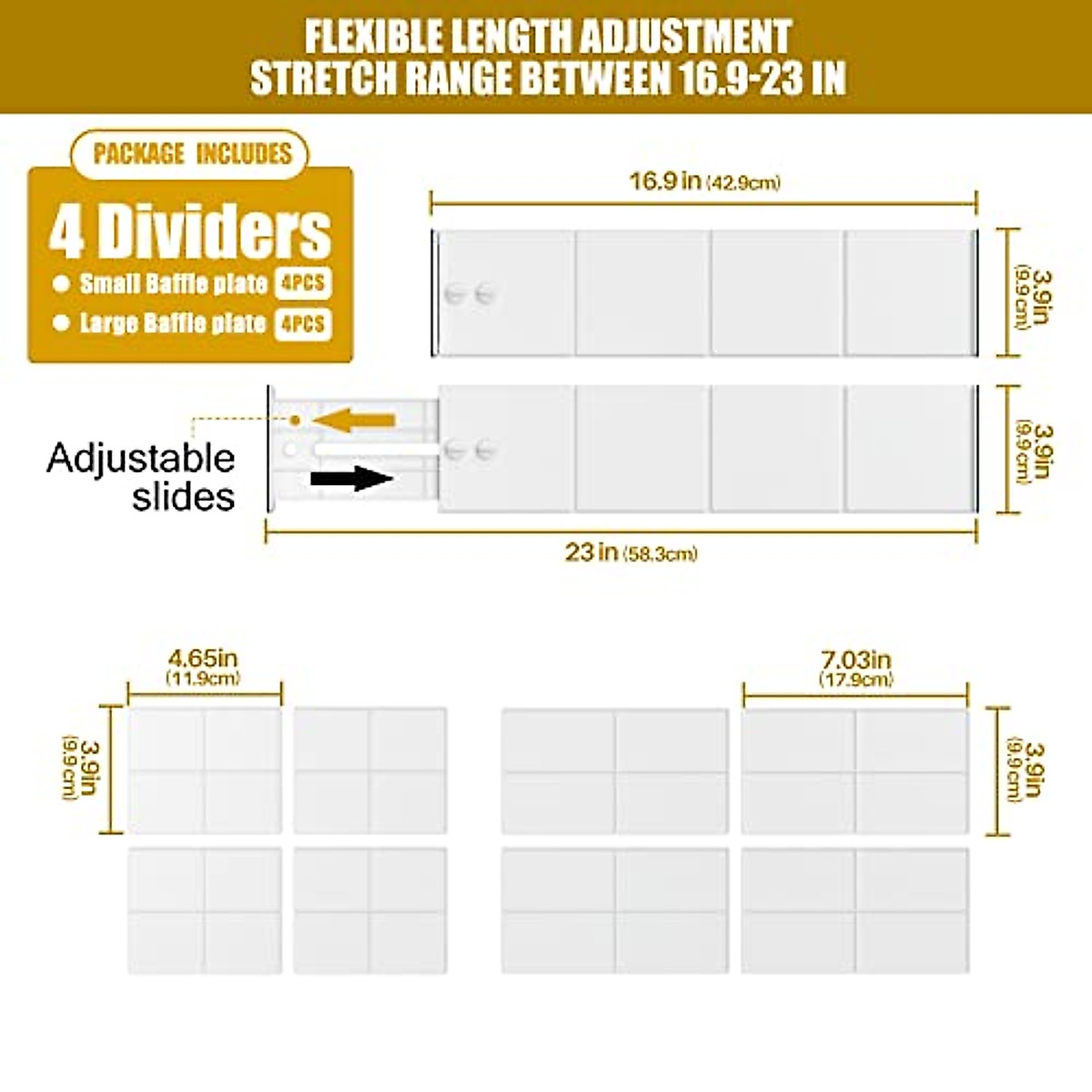 ARSTPEOE Drawer Dividers with 8 Inserts,16.9-23", Drawer Dividers for Clothes, Expandable Kitchen Drawer Organizer,Adjustable Drawer Separators for Bedroom Bathroom Dresser (4 Pack)