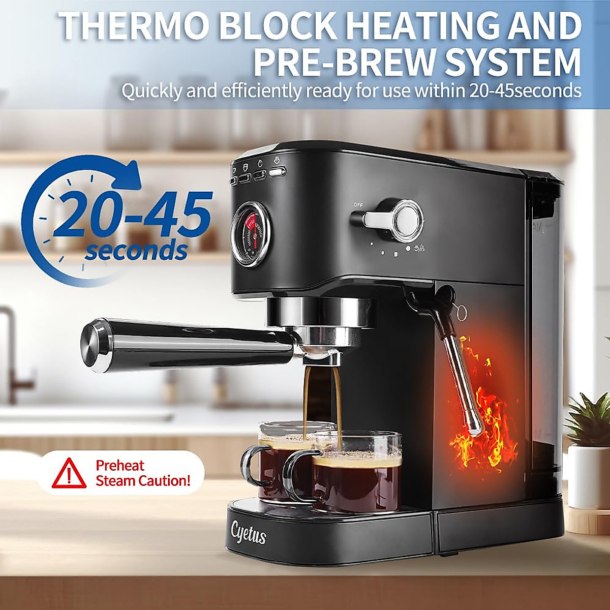 CYETUS Espresso Machine 20 Bar with Milk Frother Steam Wand, Compact Small Coffee Machine for Home, Pressure Gauge, Barista Espresso Maker Latte Cappuccino, Stainless Steel, Black