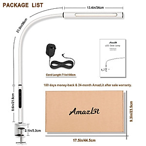 AmazLit Eye-Caring Desk Lamp, Gooseneck Lamp with Clamp, Swing Arm Desk Light, Adjustable Brightness & Color Temperatures, Memory & Timer Function, Clip on Desk Lamp for Home Office, 12W, White