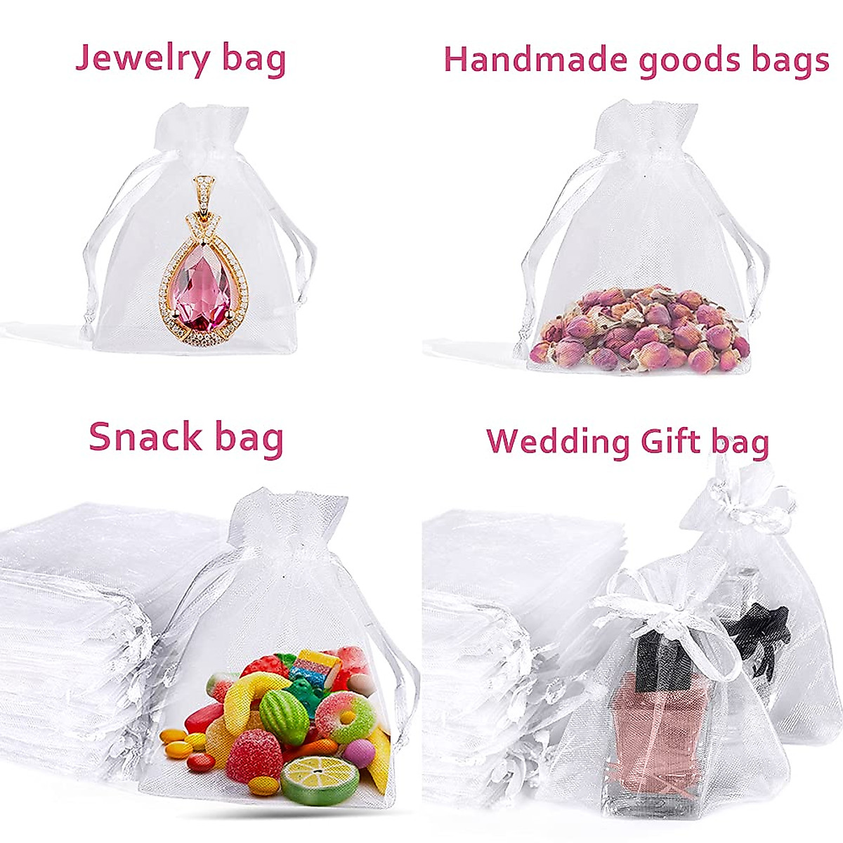 LYSXP 100PCS White Organza Bags 3x4 inch，Sheer Organza Bags ，Wedding Favor Bags With Drawstring，Jewelry Gift Bags for Party Christmas Candy Bags