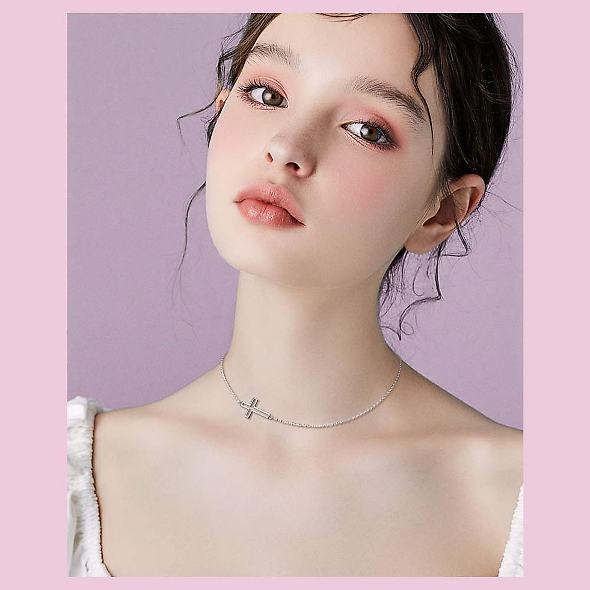 DAOCHONG S925 Sterling Silver Jewelry Sideways Hollow Cross Choker Necklace 14 inches to 18 inches