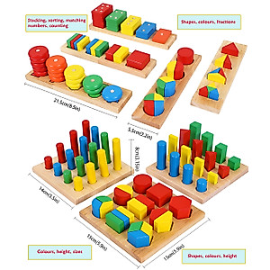 TOWO Wooden Geometric Shapes Stacking Rings and Fractions Boards 8 in 1 Set Puzzles- Shape Sorter Sorting Toy Stacking Game – Montessori Materials Educational Learning Toys for 3 4 5 6 Years