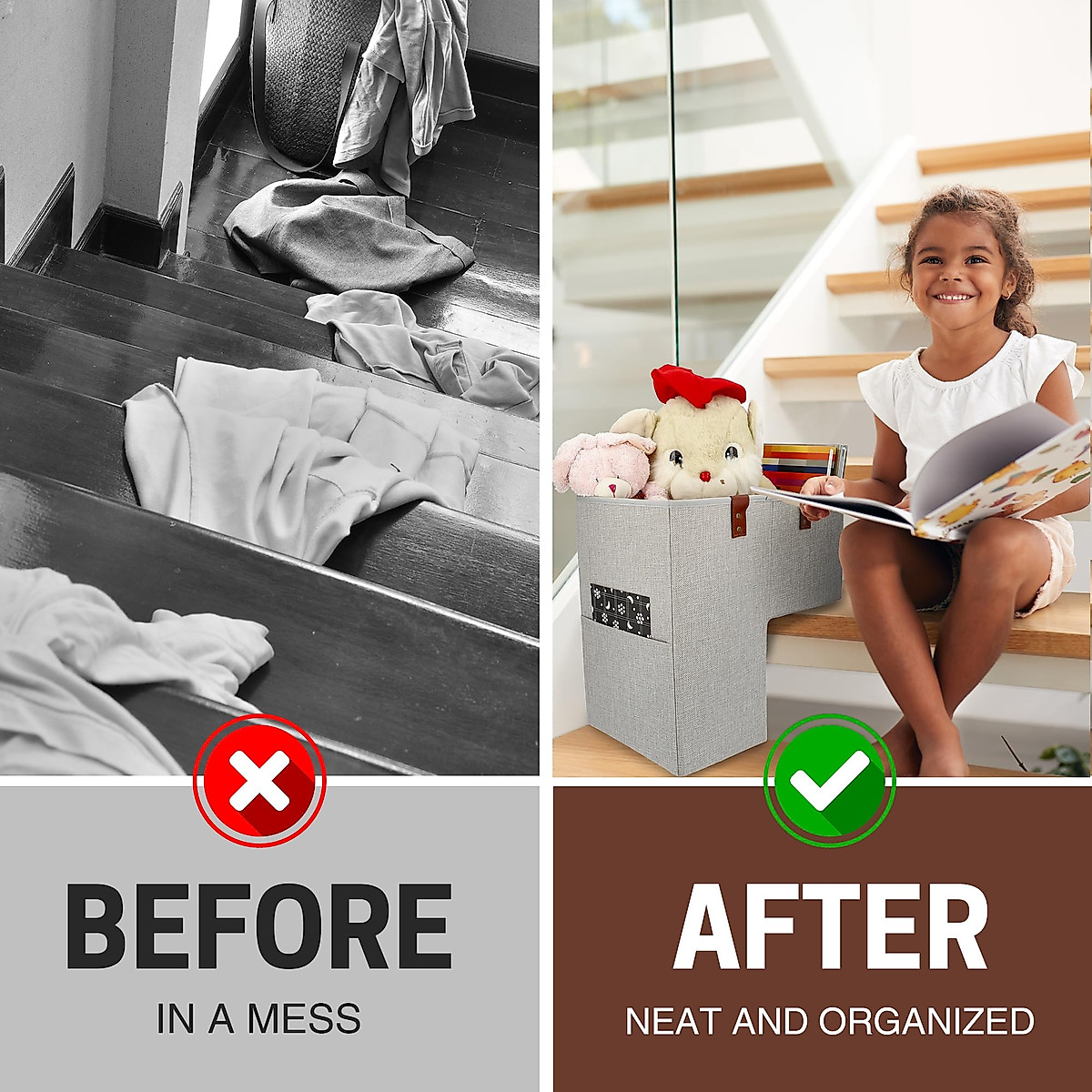 SAM AND MABEL Stair Baskets for Carpeted and Wooden Stairs - 16” L x 9.5” W x 16” H Foldable Staircase Basket with Handles, Stair Step Storage Organizer for Home Office Decor (Grayish Beige)