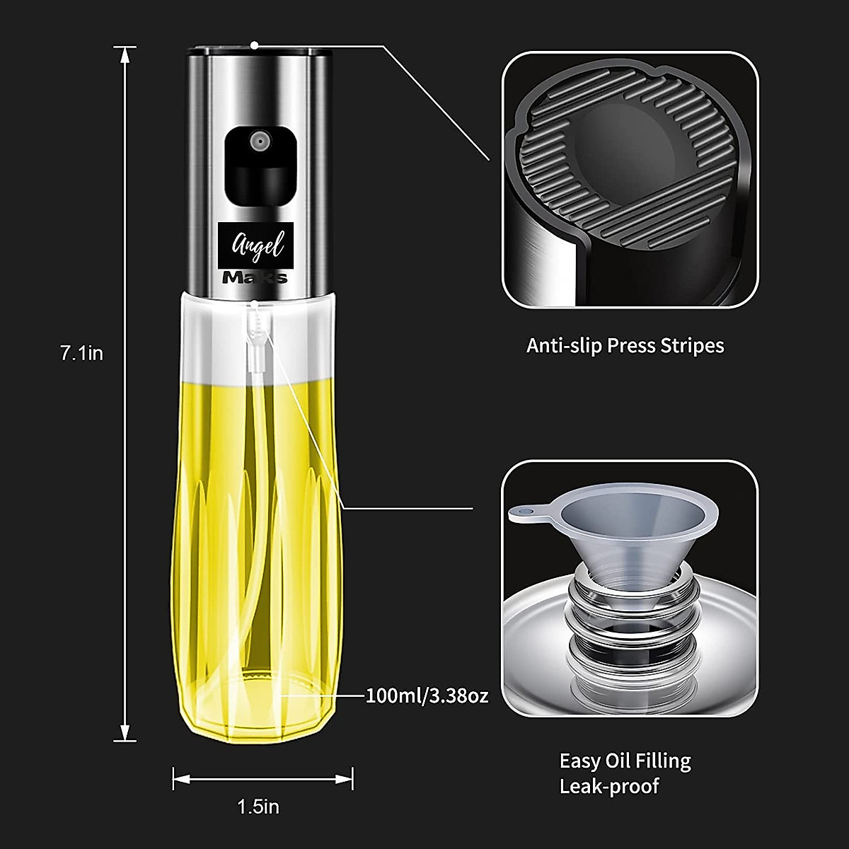 Angel Maks Oil Sprayer for Cooking, Grilling, Broiling, Baking, Olive Oil, Vegetable oil, Seasonings, Vinegar, Air Fryer, Soy sauce, Sunflower oil, Avocado Oil, Mister, Food Safe Glass 100ml/3.4oz
