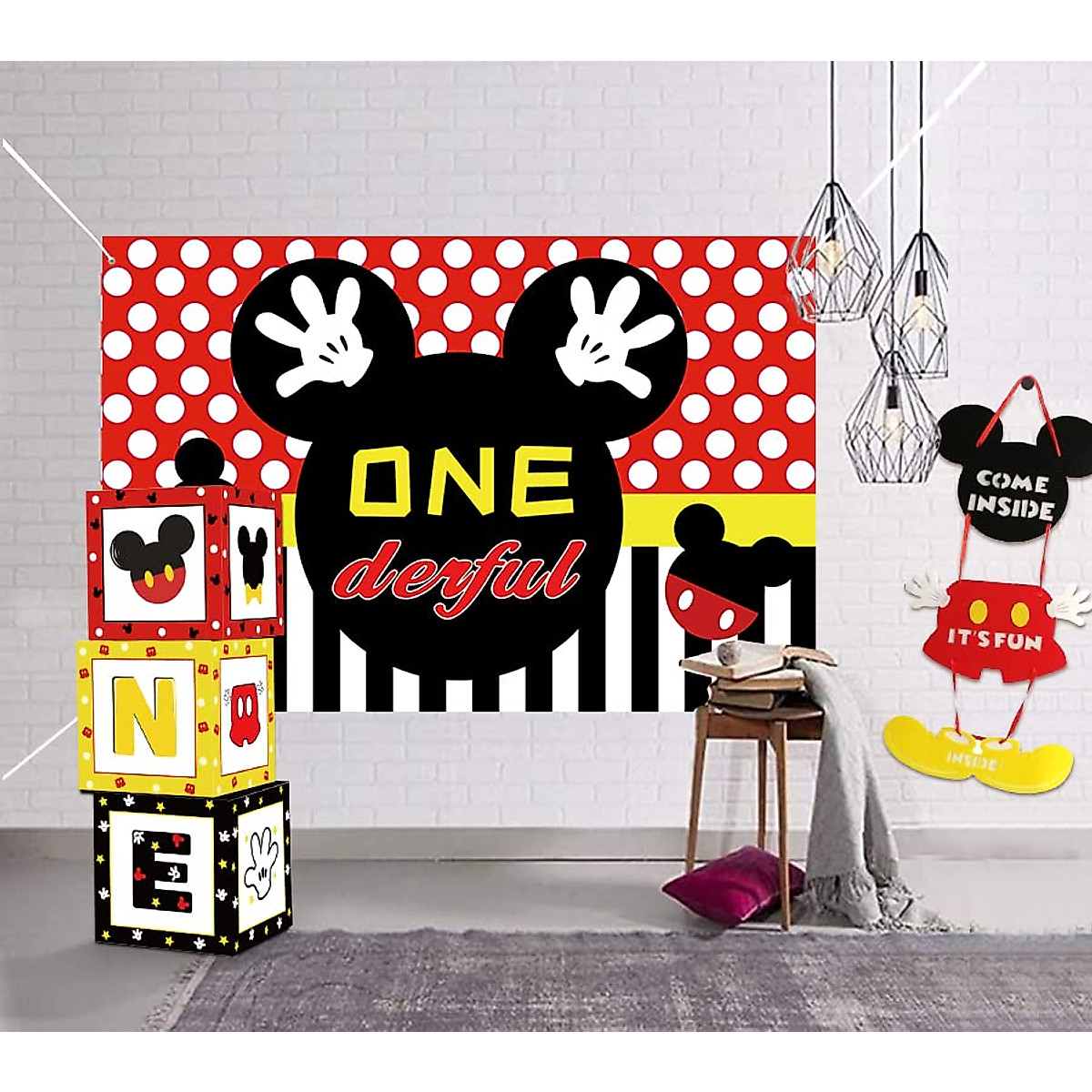 PYCALOW Mickey 1st Birthday Party Supplies - Mickey Theme Mouse Party Decorations Include Backdrop, Balloon Garland Arch, Welcome Sign Door Hanger, Banner, Crown, Balloon Box, Cake Toppers