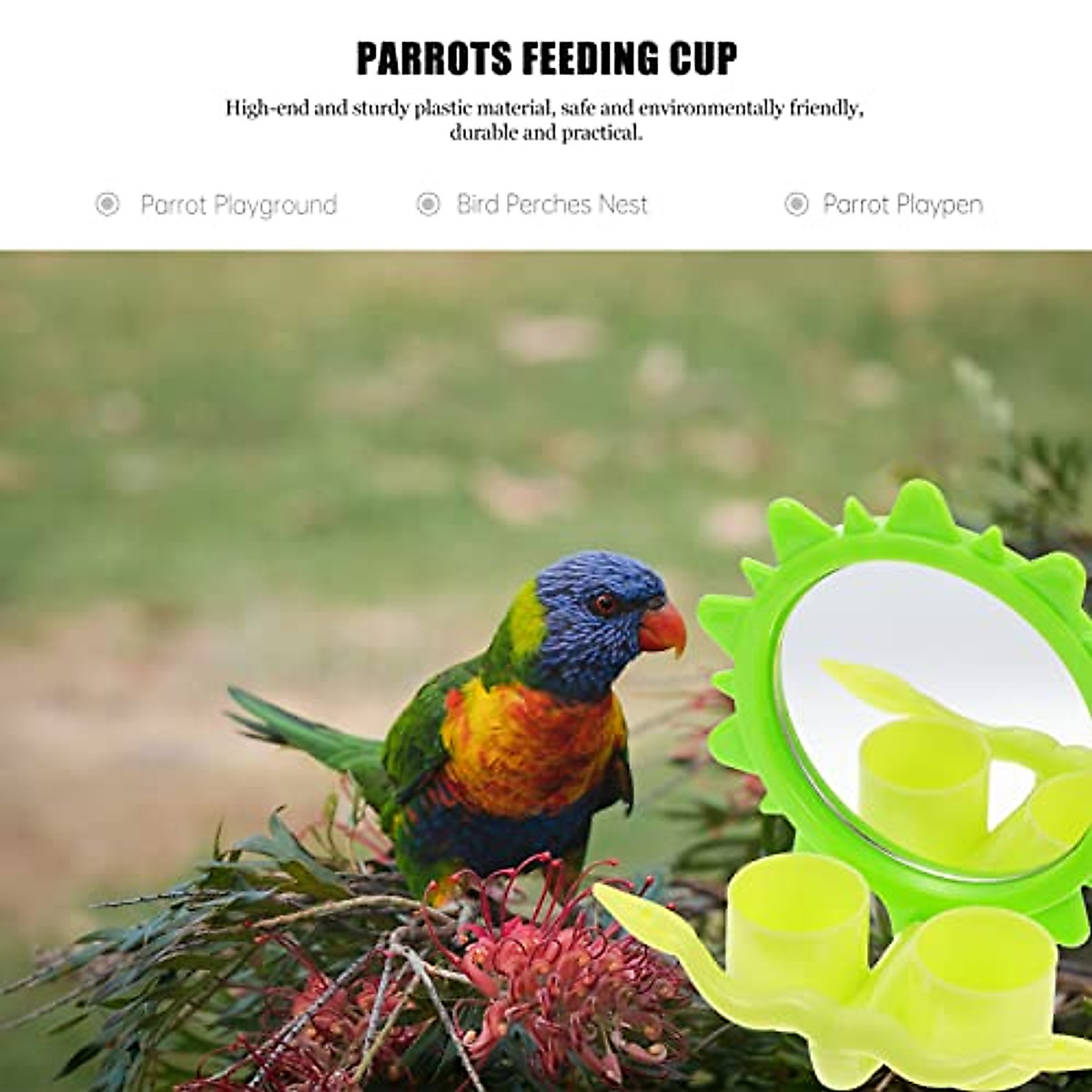 balacoo Bird Parrot Mirror with Feeding Cups and Cage Perch Pet Food Water Bowls Hanging Swing Toy for African Greys Budgies Parakeet Cockatiels Lovebird