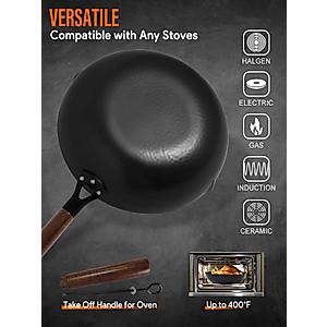 BrBrGo Carbon Steel Wok Pan, 5 Piece Authentic Chinese Wok & Stir-Fry Pans Set with Wooden Lid, No Chemical Coated Flat Bottom Chinese Woks Pan for All Stoves-13“