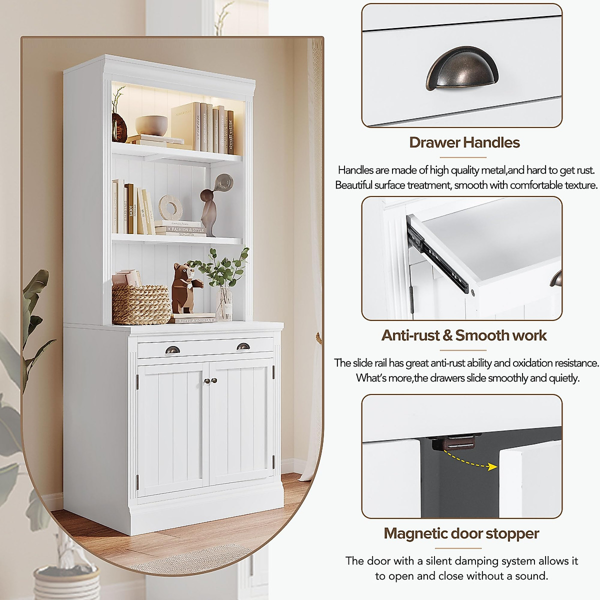 Linique 2PCS Modern Tall Bookshelf with LED Lights, Drawers, Open Shelves & Doors, Storage Bookcase with Adjustable Shelves for Living Room, Bedroom, Home Office, White