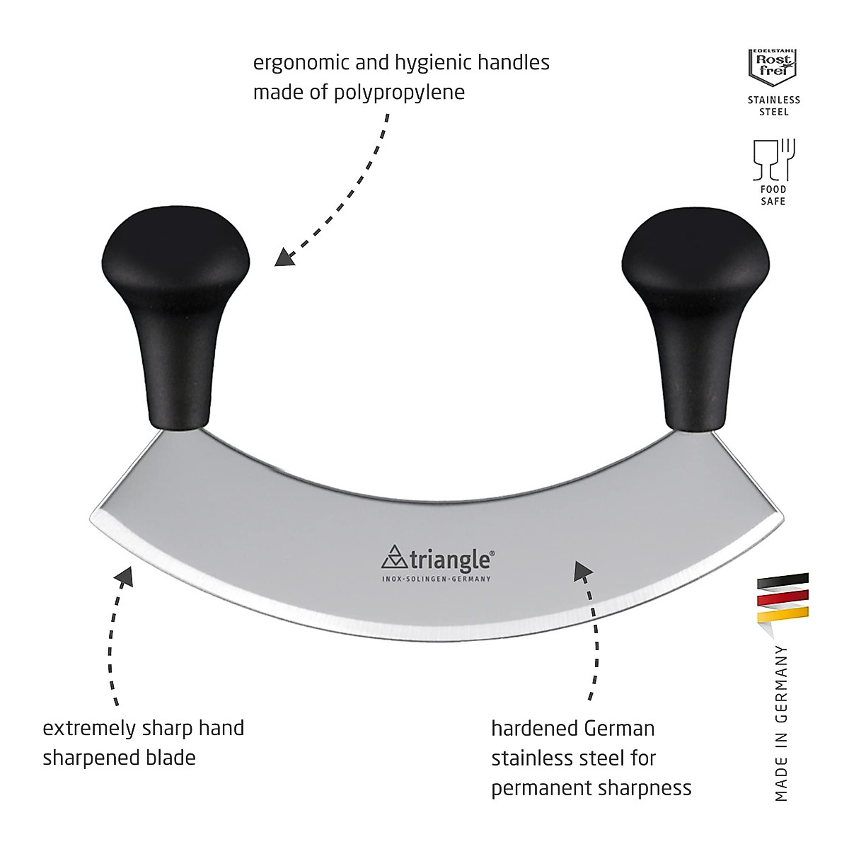 triangle Mincing Knife - 9” Tempered Stainless Steel Curved Blade - Mezzaluna Knife & Pizza Cutter - Anti-Slip, Ergonomic Handles - Made in Germany