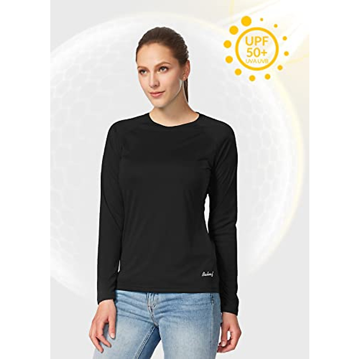 BALEAF Women's Workout Tops Long Sleeve Running Shirts Quick Dry Moisture Wicking Athletic T-Shirts for Exercise Gym Sports Yoga Black Size L