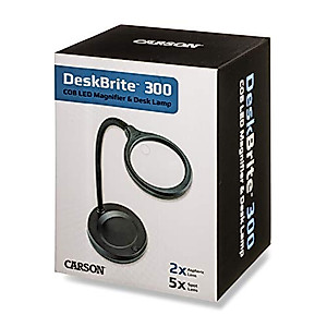 Carson DeskBrite300 COB LED Lighted 2x Aspheric Magnifier & Desk Lamp with 5x Spot Lens with Included USB-C Power Adapter (LM-30)., Black, Medium