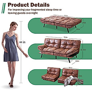 Opoiar Futon Sofa Bed,Lounge Memory Foam Sleeper Couch Room,Convertible Loveseat for Compact Living Spaces Studio Apartment,Dorm,Home Office,71"-Brown-Faux Leather-Thicker versio, 713331.5