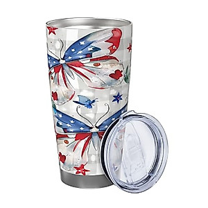 AYCZN Butterfly American 20 OZ Tumbler Stainless Steel Travel Coffee Mug, Usa Flag Star Insulated Water Bottle with Lid and Straws Leakproof Thermal Cup