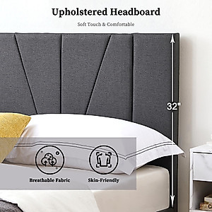 Flolinda Full Size Bed Frame Upholstered Platform with Complete Headboard and Strong Wooden Slats, No Box Spring Needed, Easy Assembly, Dark Grey
