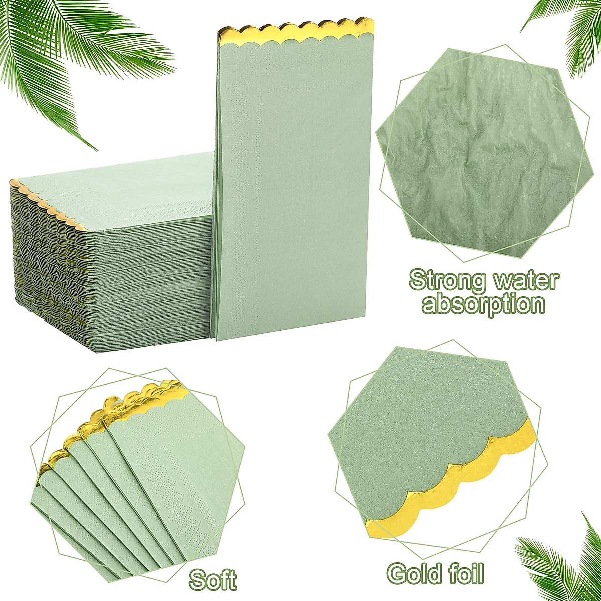 Panelee 100 Pcs Napkins with Gold Foil Scalloped Edges Napkins for Wedding Reception Disposable Cocktail Serviette for Wedding Birthday Party, 13 x 16 Inch(Sage Green)