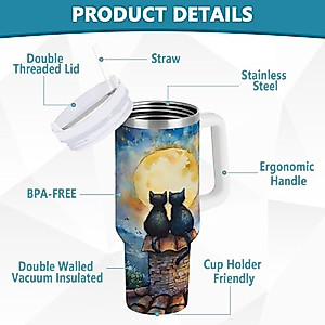 ODAWA Romantic Cats Moon Blue Travel Coffee Tumbler 40 Oz Drinking Cups with Lid and Straw