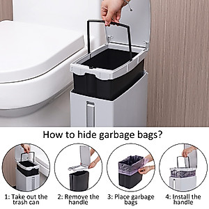 Cq acrylic 8 Liter Slim Plastic Trash Can 2.1 Gallon Small Narrow Garbage Can with Press Top Lid,Trash can with Toilet Brush Holder,Rectangular Modern Waste Can for Bathroom Grey