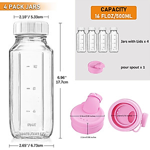 4 Pack 16 Oz Square Glass Milk Bottle With A Silicone Dispenser Cap, Glass Juice Bottles with Airtight Screw Lid, Drinking Bottles With Capacity Marks