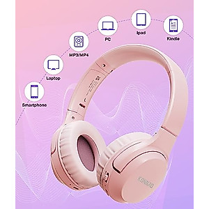 KONNAO Kids Headphones Wireless 60H, Foldable On Ear Headphone with MIC, Volume Limiter 85dB/94dB Wireless & Wired Headphones, Over-Ear Headphone for Kid Adult School Online Class Travel, Pink