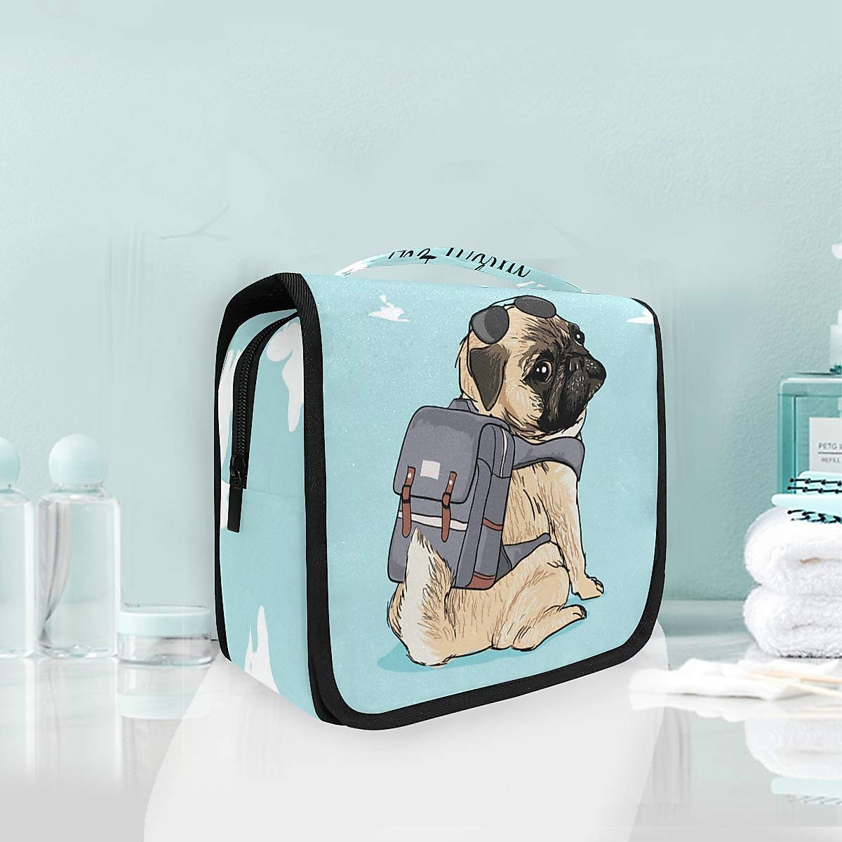 ALAZA Pug Dog Blue Travel Toiletry Bag Hanging Multifunction Cosmetic Case Portable Makeup Pouch Organizer with Hook