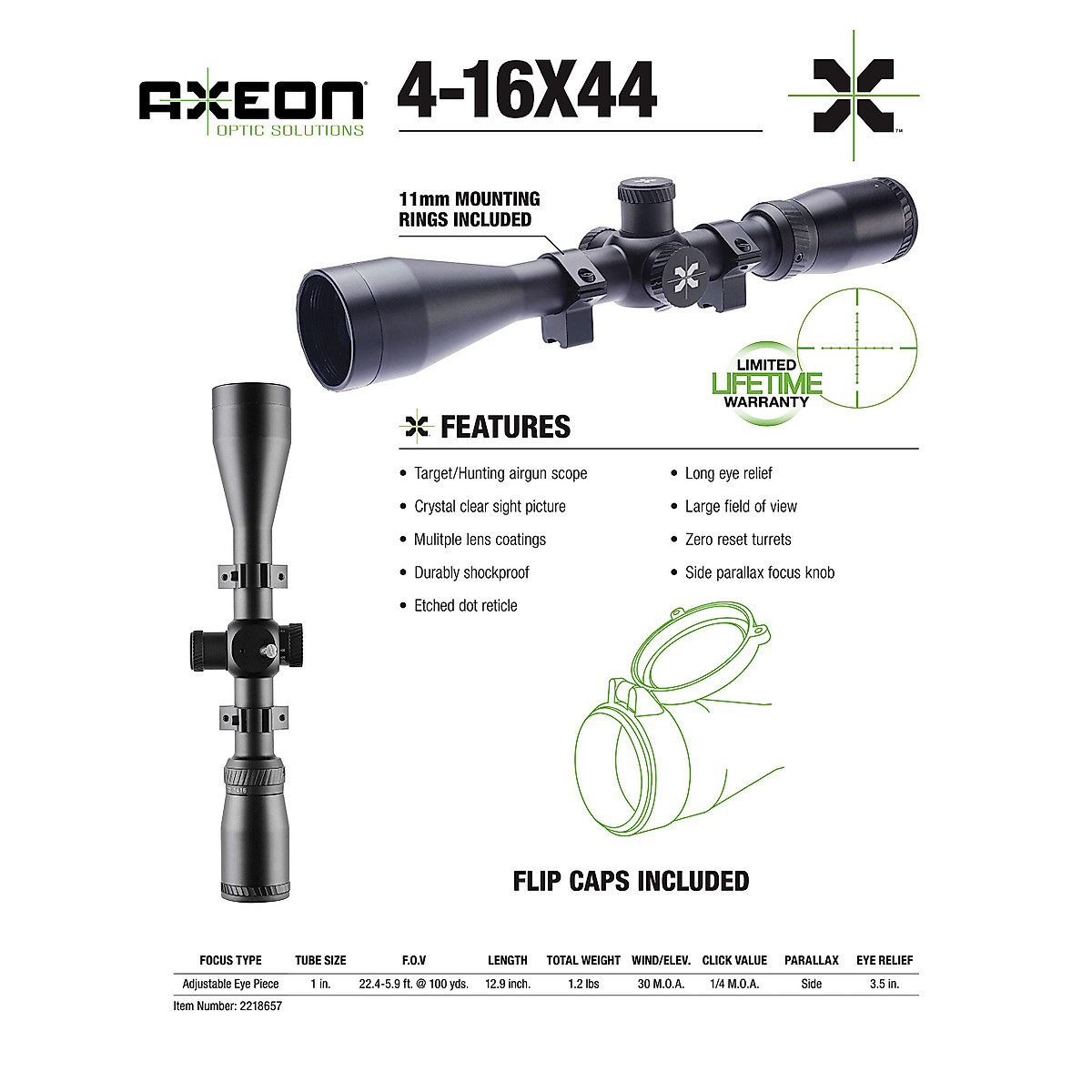 Axeon Optics 4-16x44mm EDR Etched Dot Reticle Adjustable Parallax Rifle Scope for Hunting - Includes 11mm Gun Scope Mounting Rings
