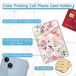 Leather Phone Card Holder Phone Wallet, Stick Back Phone Wallet Sticker Stylish Phone Case Credit Card Holder, Suitable for iPhone, Samsung, Android and Most Smart Phones.Pink Flowers