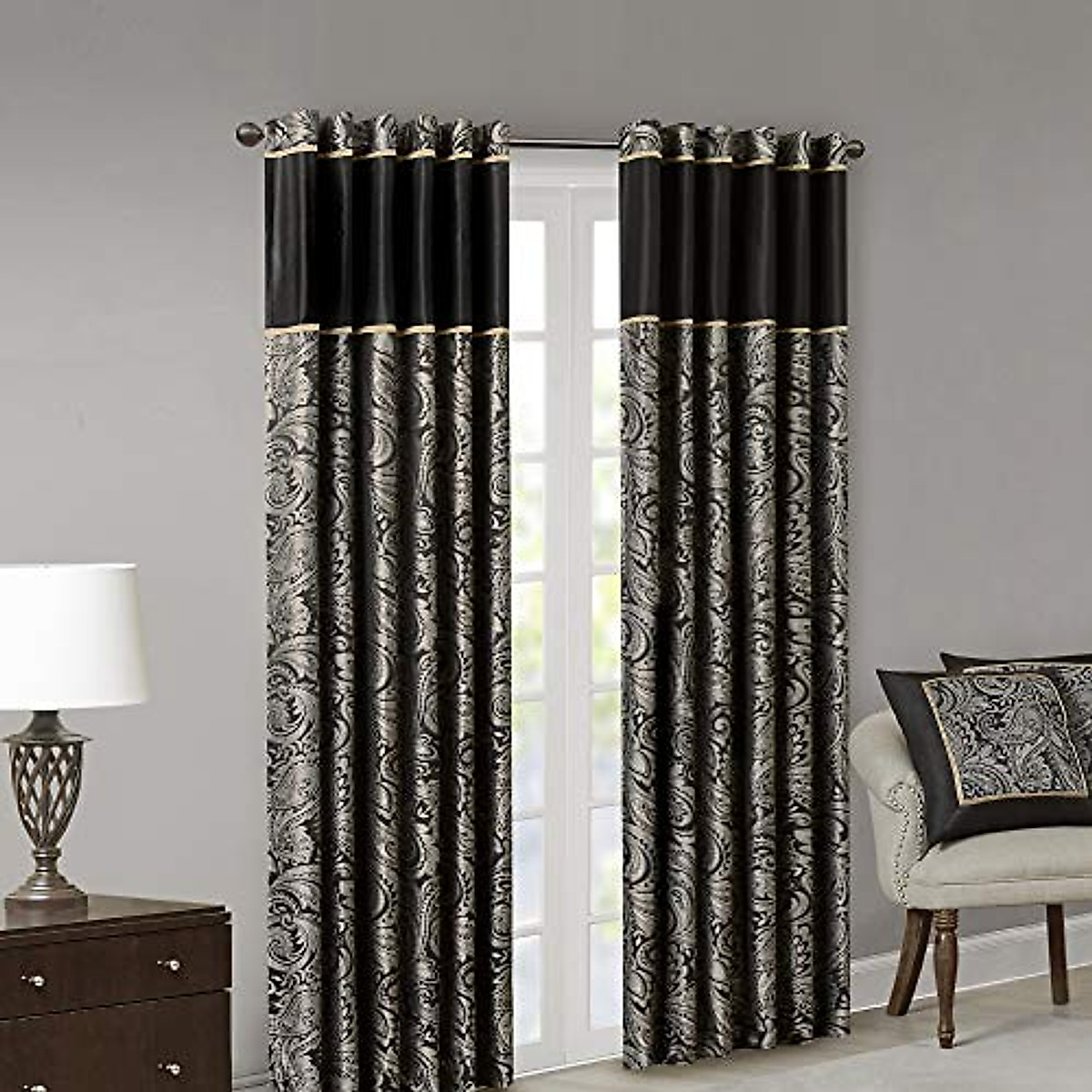 Black Curtains For Living Room , Traditional Back Tab Curtains For Bedroom , Aubrey Jacquard Rod Pocket Window Curtains , 50x84", 2-Panel Pack