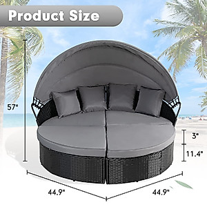 SUNCROWN Outdoor Patio Round Circular Daybed with Retractable Canopy Black Wicker Furniture Sectional Seating seat Patio Backyard Porch Pool