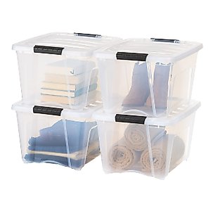 IRIS USA 32 Quart Stackable Plastic Storage Bins with Lids and Latching Buckles, 4 Pack - Clear, Containers with Lids and Latches, Durable Nestable Closet, Garage, Totes, Tubs Boxes Organizing
