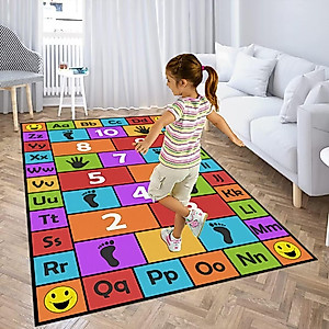 Kid Hopscotch Play Rug, ABC Alphabet Number Educational Carpet, Playroom Classroom Mat Non-Slip Washable (Red 31x47 in)