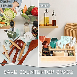 Asaultker Large Kitchen Utensil Holder for Countertop with 5 Compartments, Utensil Holder Kitchen Utensil Organizer with Handles, Wood Utensil Holder for Home Decor (Utensil Not Included)