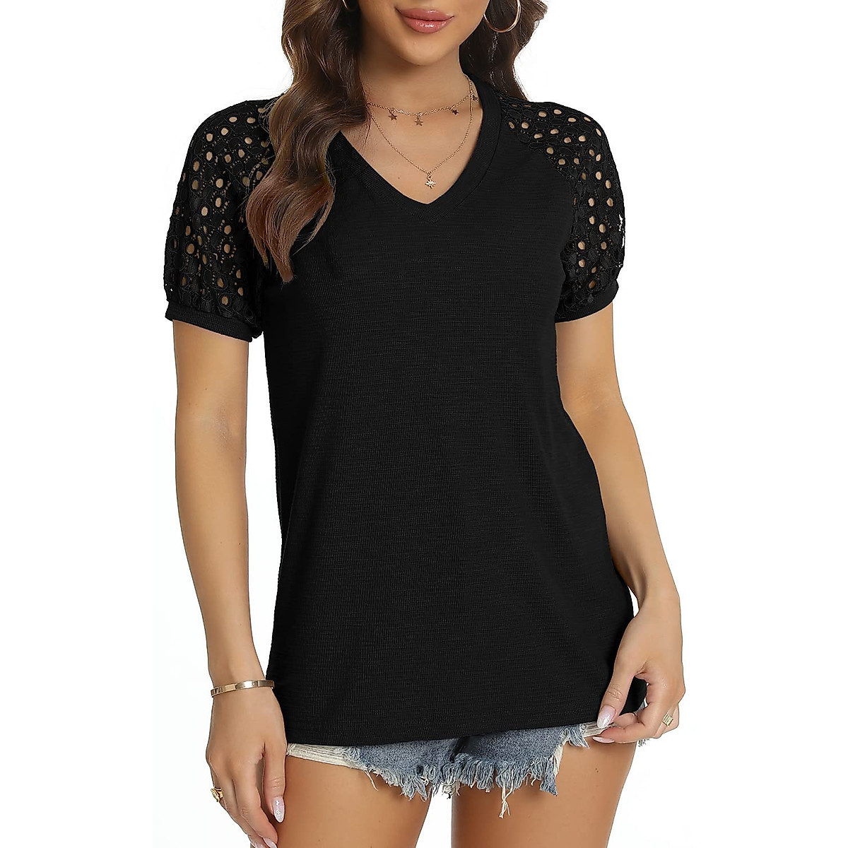 HAOMEILI Women’s Short Sleeve V Neck Tops Lace Shirt Casual Loose T Shirtss L Black