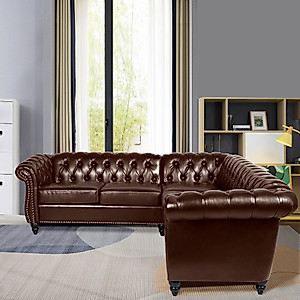 L Shaped Small Sectional Sofa, Chesterfield Leather Couch Tufted Accent Sofa with Scroll Arms and Nailhead for Living Room, Office (Dark Brown)