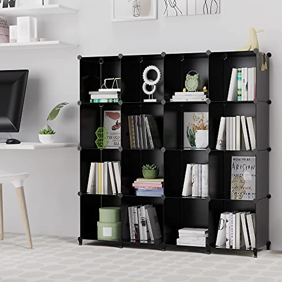 HOMIDEC Cube Storage Organizer 16-Cube Storage Shelf, Closet Organizer for Garment Racks, Closet Organizers and Storage with Metal Hammer, Bookshelf for Kids, (48.4 L x 12.2 W x 48.4 H Inches),Black