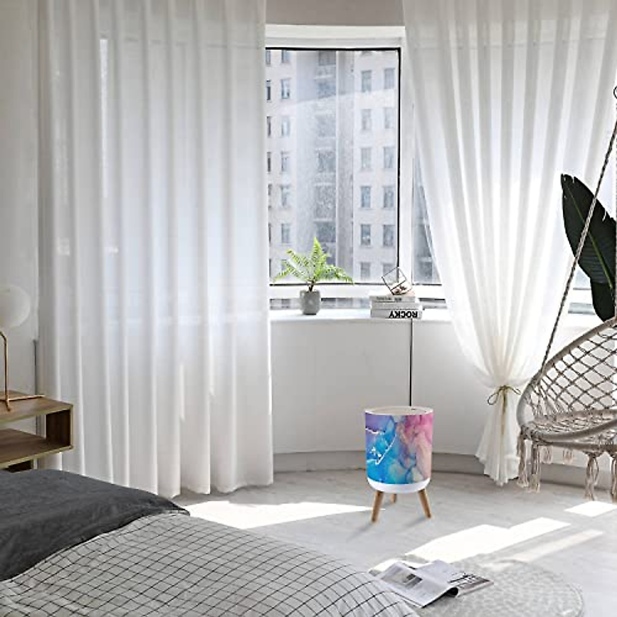 IBPNKFAZ89 Small Trash Can with Lid Ink Colors Translucent Abstract Multicolored Marble Texture Garbage Bin Wood Waste Bin Press Cover Round Wastebasket for Bathroom Bedroom Kitchen 7L/1.8 Gallon