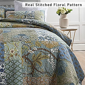 Yvooxny Quilt Set California King Bedspread Oversized Quilt Reversible Green Farmhouse Garden Coverlet Real Patchwork Quilt Set for All Seasons, Bohemian Floral Pattern, California King Size