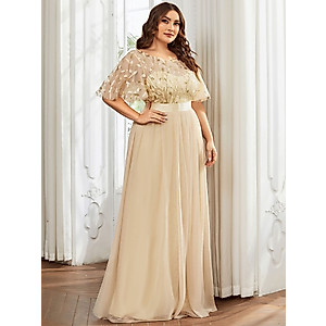 Ever-Pretty Women's Round Neck A-Line Tulle Sequin Plus Size Formal Dresses for Women Gold US18