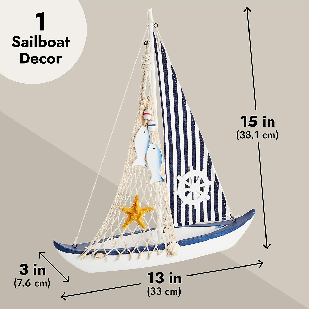 Juvale Sailboat Model Decoration - Wooden Sailing Boat Home Decor Set, Beach Nautical Design, Navy Blue and White with Ship's Wheel, 13 x 15 x 3 Inches