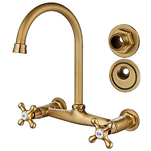 Airuida Antique Brass Wall Mount Kitchen Sink Faucet, Wall Mounted 8 Inches Center Faucet, Wall Mounted Commercial Kitchen Faucet, 360 Degree Swivel Spout Mixer Commercial Tap with Female Thread