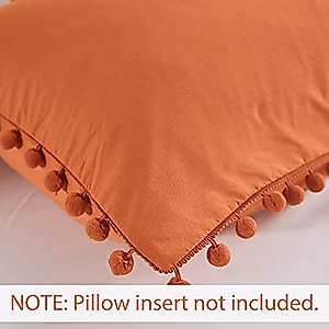 Andency Pom Pom Fringe Duvet Cover Queen Size (90x90 Inch), 3 Pieces (1 Solid Orange Duvet Cover, 2 Pillowcases) Soft Washed Microfiber Duvet Cover Set with Zipper Closure, Corner Ties