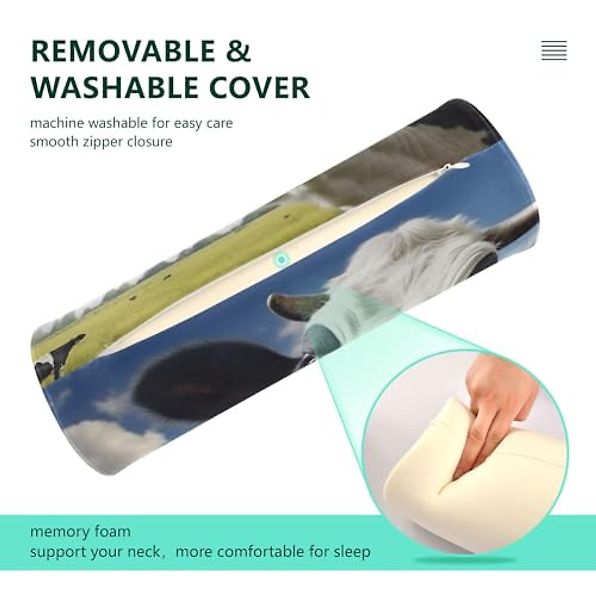 xigua Milk Cow Neck Roll Pillow for Neck Relief with Removable Washable Cover - Memory Foam Round Cylinder Bolster, Ergonomically Designed for Head, Neck, Back, and Legs