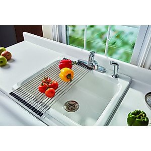 Farberware Roll up Dish Drying Over The Sink Rack Mat with Stainless Steel Wires, Large, Silver/Black