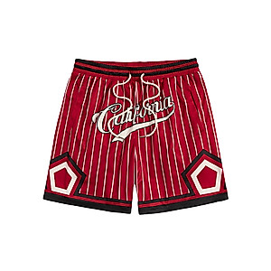 GORGLITTER Men's Striped Letter Graphic Drawstring Waist Shorts with Pockets Burgundy Medium