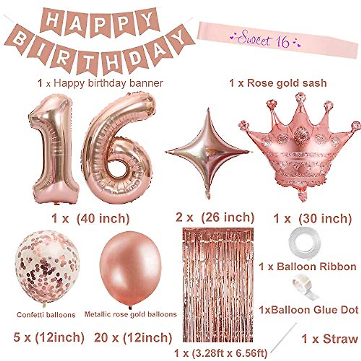 16th Birthday Decorations for Women, Rose Gold Sweet 16 Birthday Party Decoration for Her, 16th Happy Birthday Banner Kits Rosegold Balloons Decoration for Girls Women 16th Birthday Party Supplies