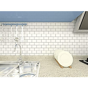 LONGKING 10-Sheet Peel and Stick Tile for Kitchen Backsplash, 12x12 inches Off White Subway Tile with Grey Grout
