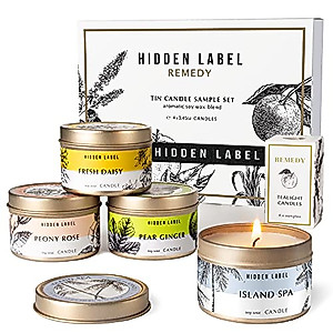 Hidden Label Scented Candles Gifts for Women, Remedy Collection Small Soy Candles 4pack 3.45oz Travel Tin, Gifts for Birthday Valentines Day Mothers Day Christmas(Set1)